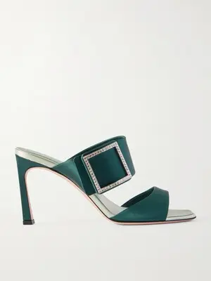 ROGER VIVIER Trompette 85 Crystal-embellished Satin Mules - Green