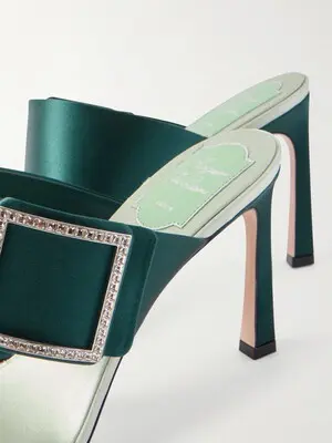 ROGER VIVIER Trompette 85 Crystal-embellished Satin Mules - Green