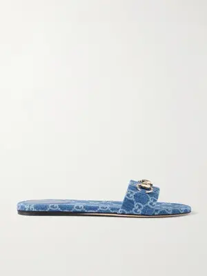 Gucci Horsebit-embellished Printed Denim Slides - Blue