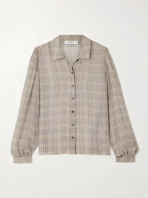FRAME The Plaid Staple Gathered Silk-chiffon Shirt - Neutrals