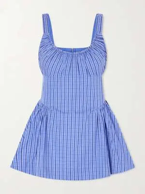 Faithfull The Brand Marcella Gathered Checked Cotton-poplin Top - Blue
