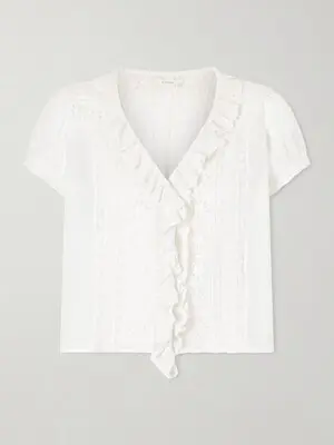 DÔEN Clairette Cropped Ruffled Lace-trimmed Organic Cotton-voile Top - White