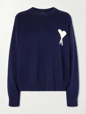 Ami Intarsia Wool And Cotton-blend Sweater - Blue