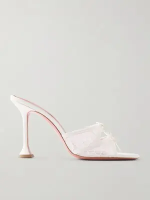 Amina Muaddi Eleonora Bow-detailed Lace And Leather Mules - Neutrals