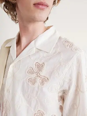 Nn07 Ben 50049 Camp-collar Embroidered Organic Cotton-poplin Shirt - Neutrals