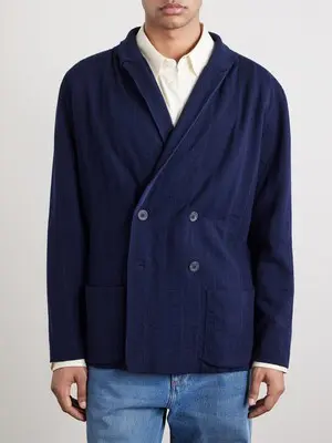Inis Meáin Double-breasted Striped Wool, Cashmere And Cotton-blend Blazer