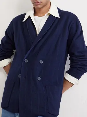 Inis Meáin Double-breasted Striped Wool, Cashmere And Cotton-blend Blazer