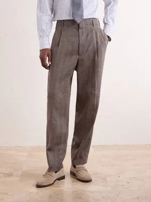Brunello Cucinelli Straight-leg Pleated Linen And Wool-blend Trousers - Brown