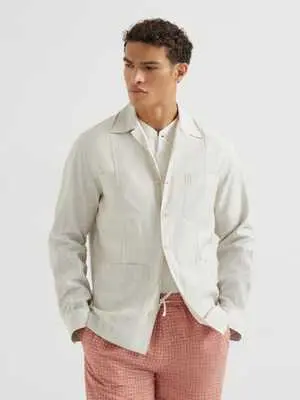 Brunello Cucinelli Rope Cotton And Linen Jacquard Stripe Easy Fit Guayabera
