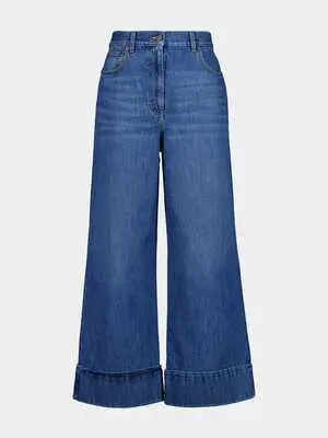 Valentino Garavani Denim Wide Leg Trousers With Cuffs
