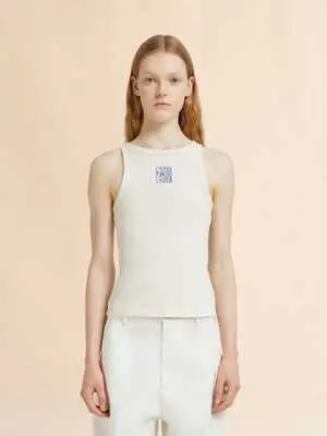Marni Ribbed Cotton Tank Top With Logo - Cream