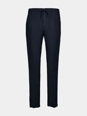 120% Lino Linen Drawstring Trousers - Blue