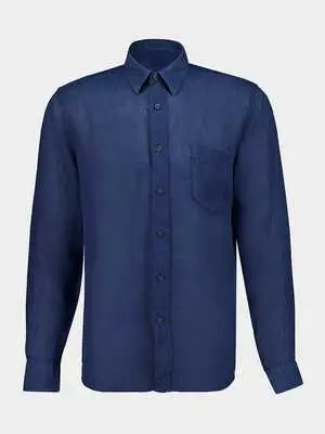 120% Lino Navy Linen Long-sleeved Shirt - Blue