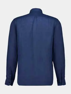 120% Lino Navy Linen Long-sleeved Shirt - Blue
