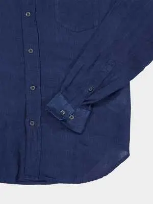 120% Lino Navy Linen Long-sleeved Shirt - Blue