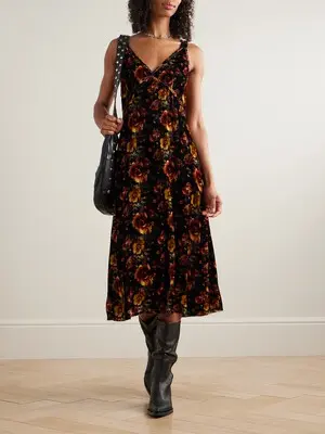 R13 Floral-print Velvet Midi Dress