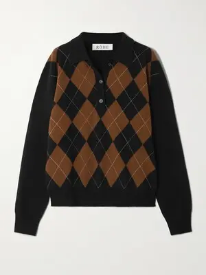 RÓHE Argyle Wool Polo Sweater - Black