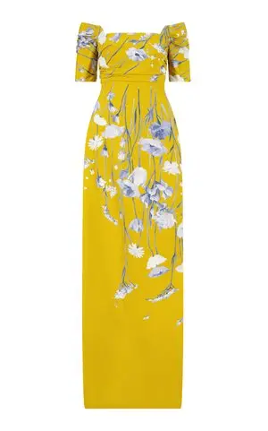 Lela Rose Floral Faille Cuff Sleeve Gown - Yellow