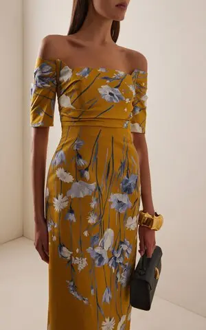 Lela Rose Floral Faille Cuff Sleeve Gown - Yellow