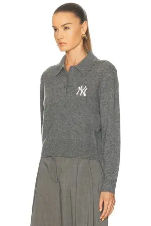 SPORTY & RICH Heritage Yankees Serif Cashmere Polo Sweater - Dark Grey