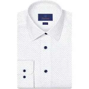 David Donahue Trim Fit Geometric Dot Print Stretch Cotton Dress Shirt - White/navy
