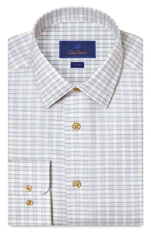 David Donahue Trim Fit Check Cotton Dobby Dress Shirt White/dune