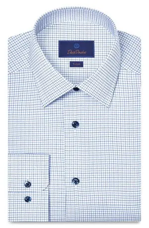 David Donahue Trim Fit Microcheck Stretch Cotton Twill Dress Shirt - White/blue