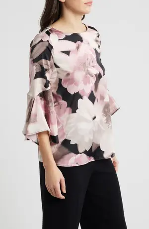 Anne Klein Floral-patterned Flare Cuff Top