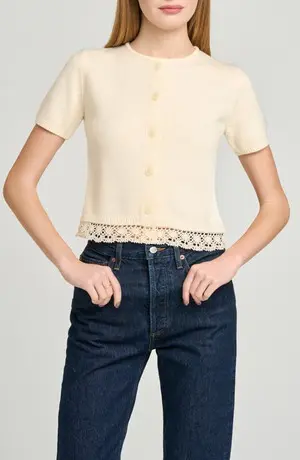 WAYF Carine Lace Trim Button Front Cardigan - Cream
