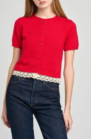 WAYF Carine Lace Trim Button-front Cardigan - Red