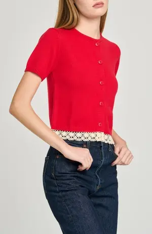 WAYF Carine Lace Trim Button-front Cardigan - Red