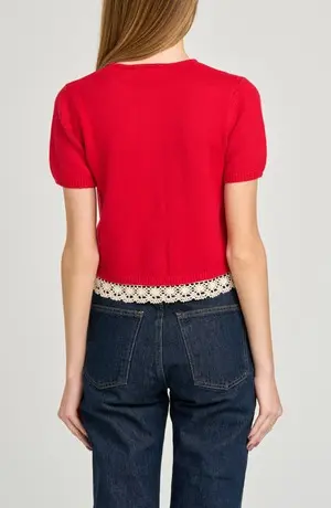 WAYF Carine Lace Trim Button-front Cardigan - Red