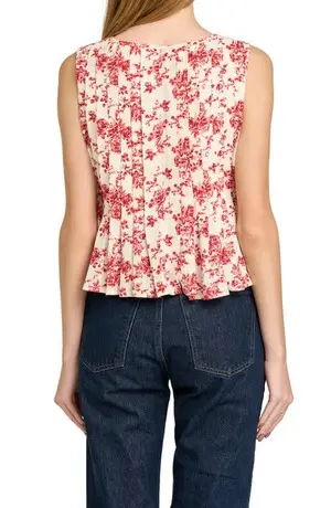 WAYF Romy Floral Pleated Top - Red Toile