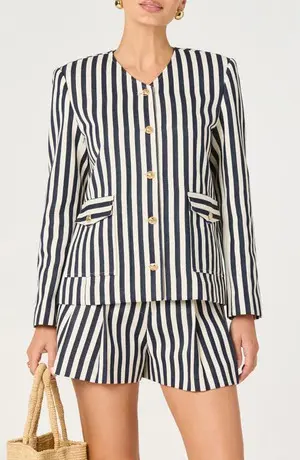 Astr The Label Danae Stripe Denim Jacket - Cream Navy Stripe