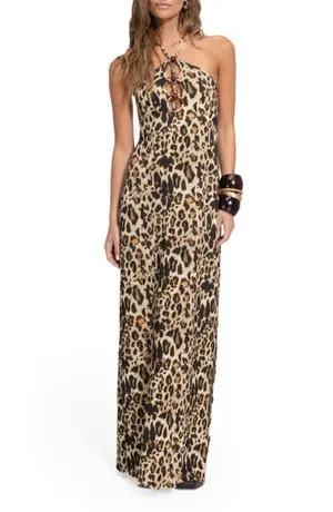 Agua Bendita Elise Print Keyhole Halter Cover-up Maxi Dress - Leopard