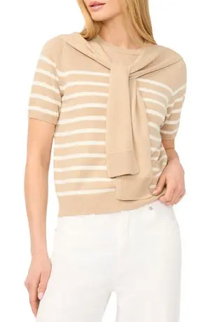 Halogen Stripe Shoulder Wrap Short Sleeve Sweater