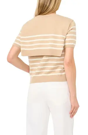 Halogen Stripe Shoulder Wrap Short Sleeve Sweater