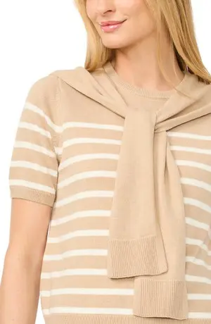 Halogen Stripe Shoulder Wrap Short Sleeve Sweater