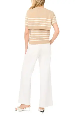 Halogen Stripe Shoulder Wrap Short Sleeve Sweater