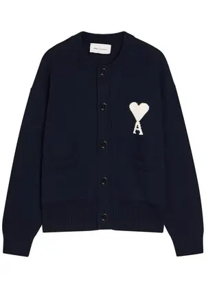 Ami Logo Intarsia Wool-blend Cardigan
