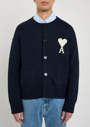 Ami Logo Intarsia Wool-blend Cardigan