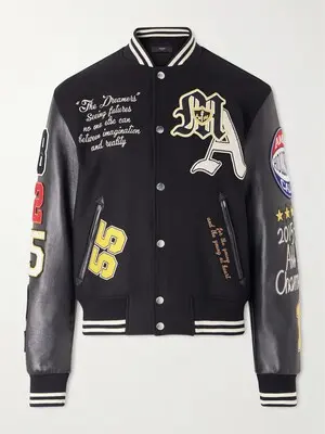 Amiri Appliquéd Embroidered Leather And Wool-blend Varsity Jacket - Black