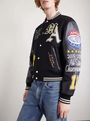 Amiri Appliquéd Embroidered Leather And Wool-blend Varsity Jacket - Black