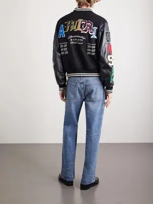 Amiri Appliquéd Embroidered Leather And Wool-blend Varsity Jacket - Black