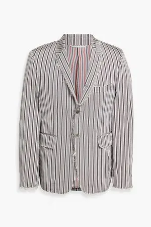 Thom Browne Frayed Striped Silk And Cottonblend Faille Blazer - Gray