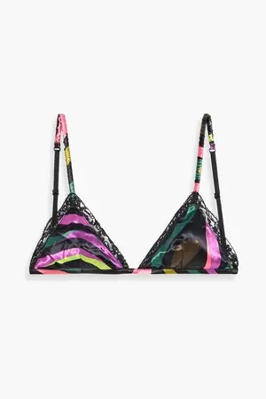Emilio Pucci Lacetrimmed Printed Satin Triangle Bra - Black