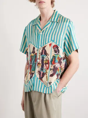 BODE Royals Camp-collar Striped Printed Silk Shirt - Blue