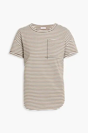 Brunello Cucinelli Striped Cotton-Jersey T-Shirt With Bead Embellishments - Chocolate