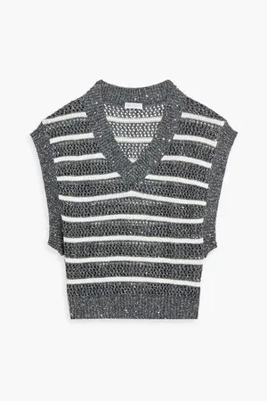 Brunello Cucinelli Sequin-embellished Striped Linen-blend Vest