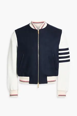 Thom Browne Striped Leather And Wool Bomber Jacket - Navy